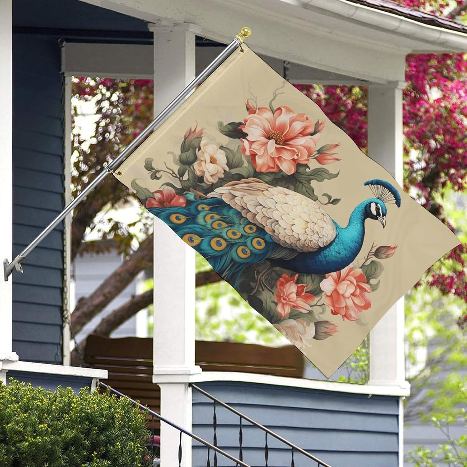 Double Sided Peacock And Flowers Garden Yard Flags in Greeting Banner ...