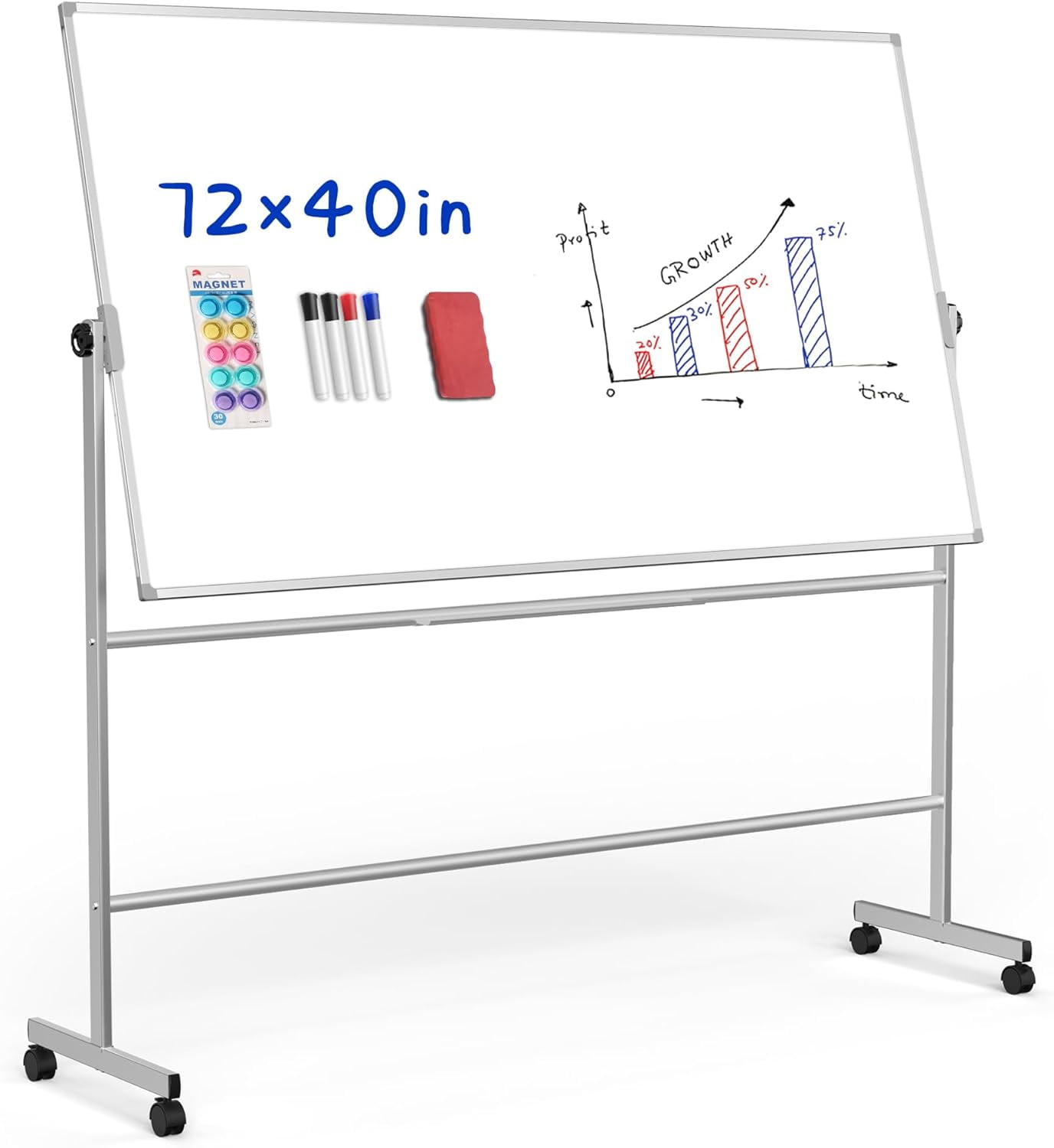Double-Sided Rolling Whiteboard/w Height Adjustable, 72 x 40 Large Portable Dry Erase Board with ...
