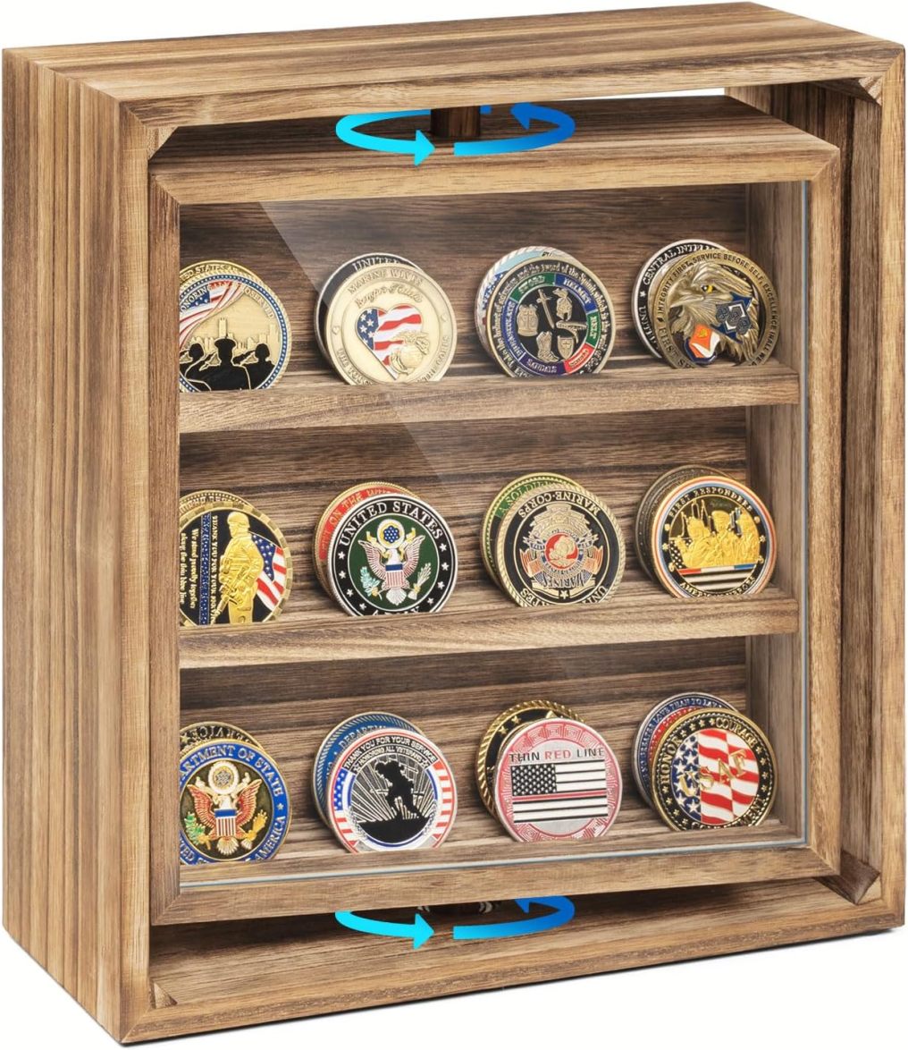 Double-Sided Rotating Challenge Coin Display, Wooden Military Coin ...