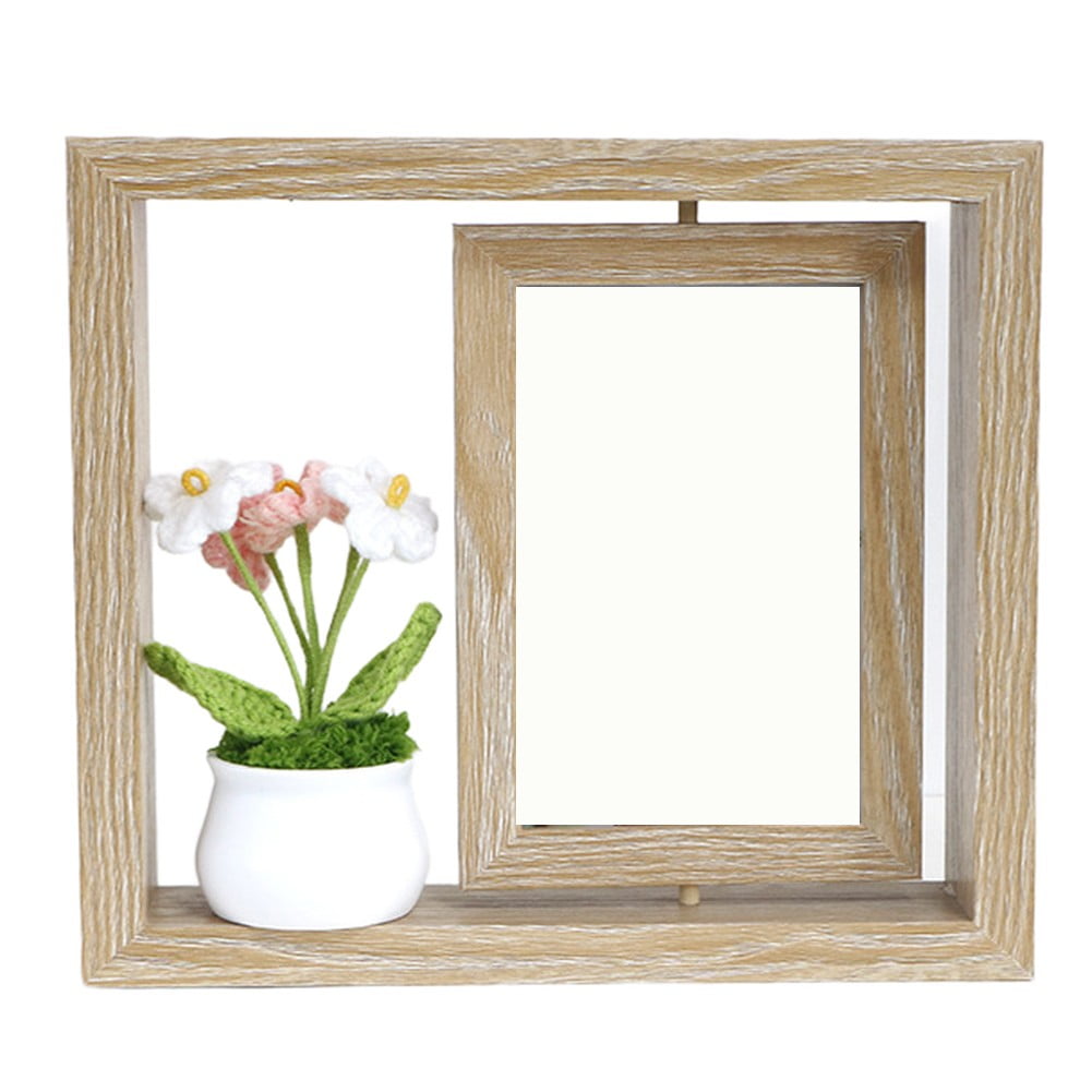 Double-Sided Rotating Wooden Photo Frame With Yarn Flower Potted Plant ...