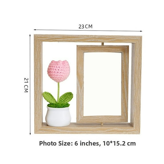 Double-Sided Rotating Wooden Photo Frame With Yarn Flower Potted Plant ...