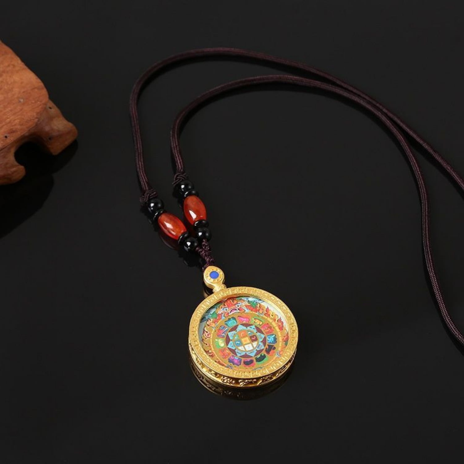 Double Sided Round Tibetan Gawu Box Pendant Amitabha Zodiac Charm Long ...