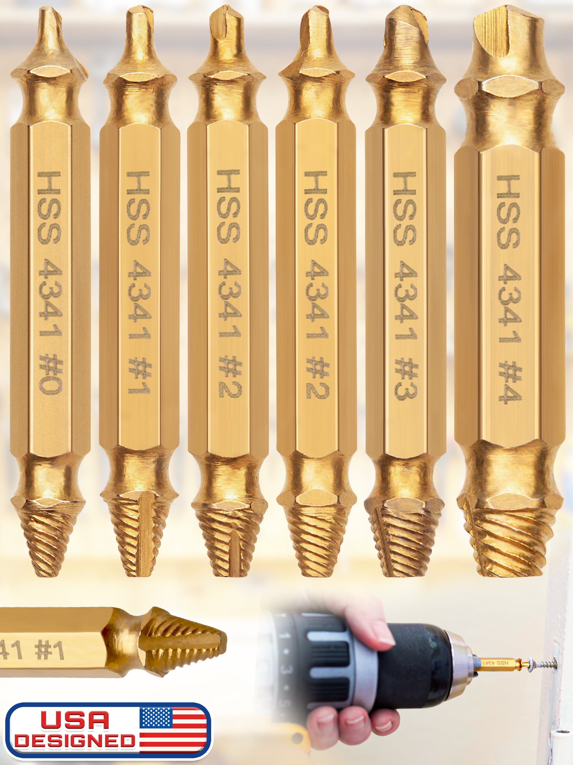 Mata1-USA Double-Sided Screw Extractor Set, 6pc Gold-Plated for Damaged ...