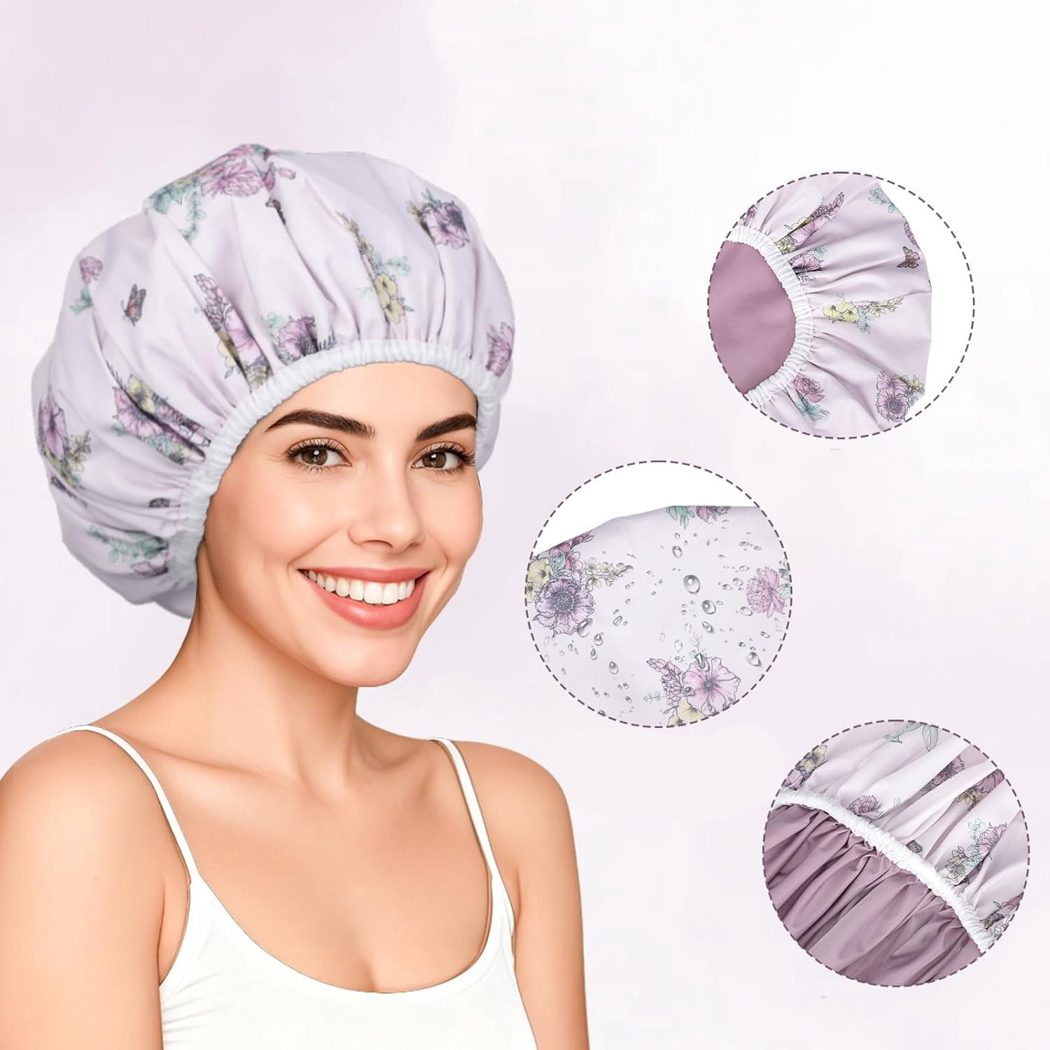 Double-Sided Shower Cap, 2 in 1 Reusable Waterproof Bath Cap for Long ...