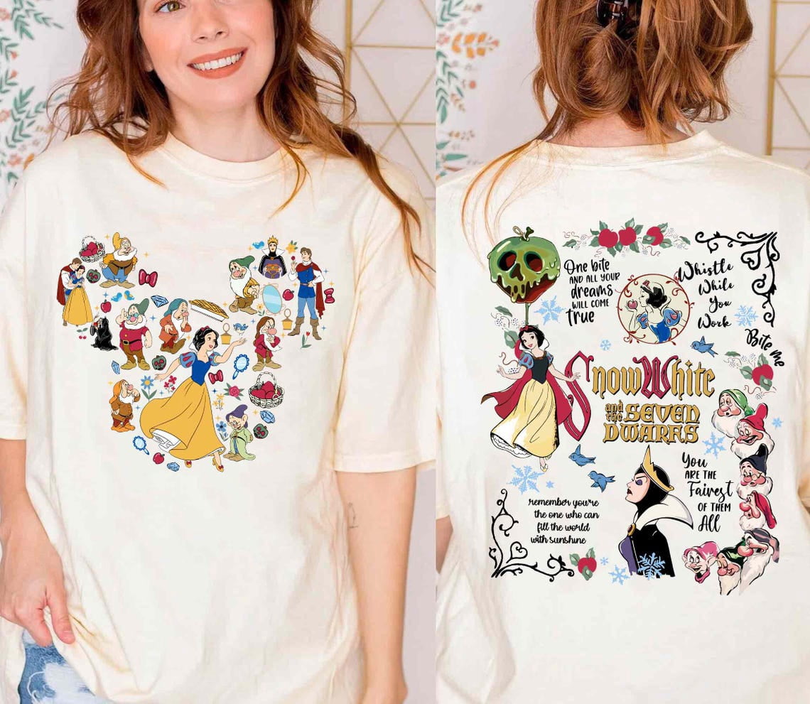 Double Sided Snow White And Seven Dwarfs Graphic T-shirt, Evil Queen ...