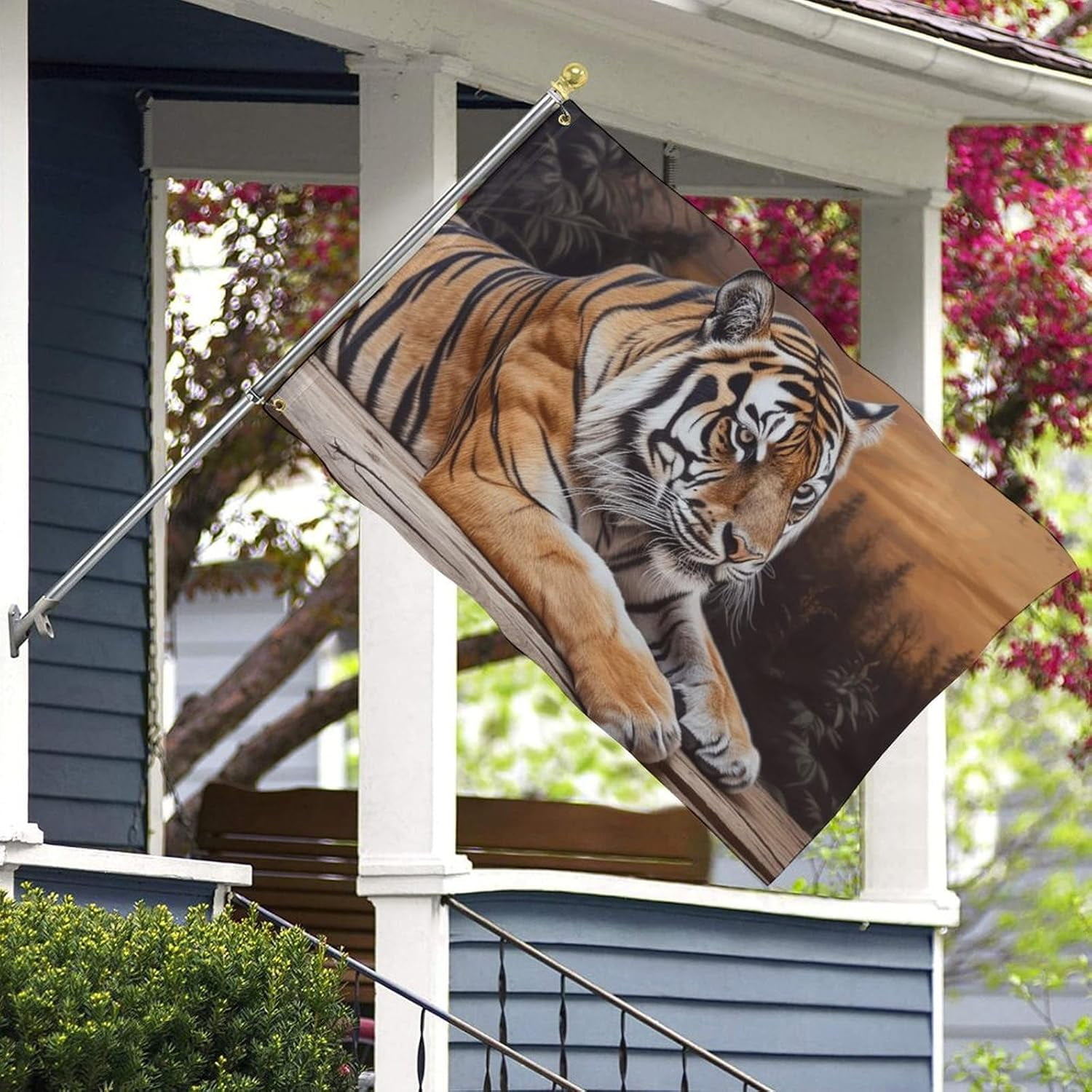 Double Sided Tiger Lying on Wood Garden Yard Flags in Greeting Banner ...