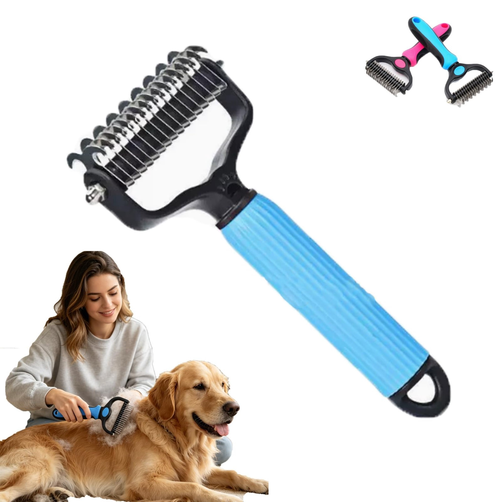 Double Sided Undercoat Rake and Dematting Comb Pet Grooming Tool, Blue ...