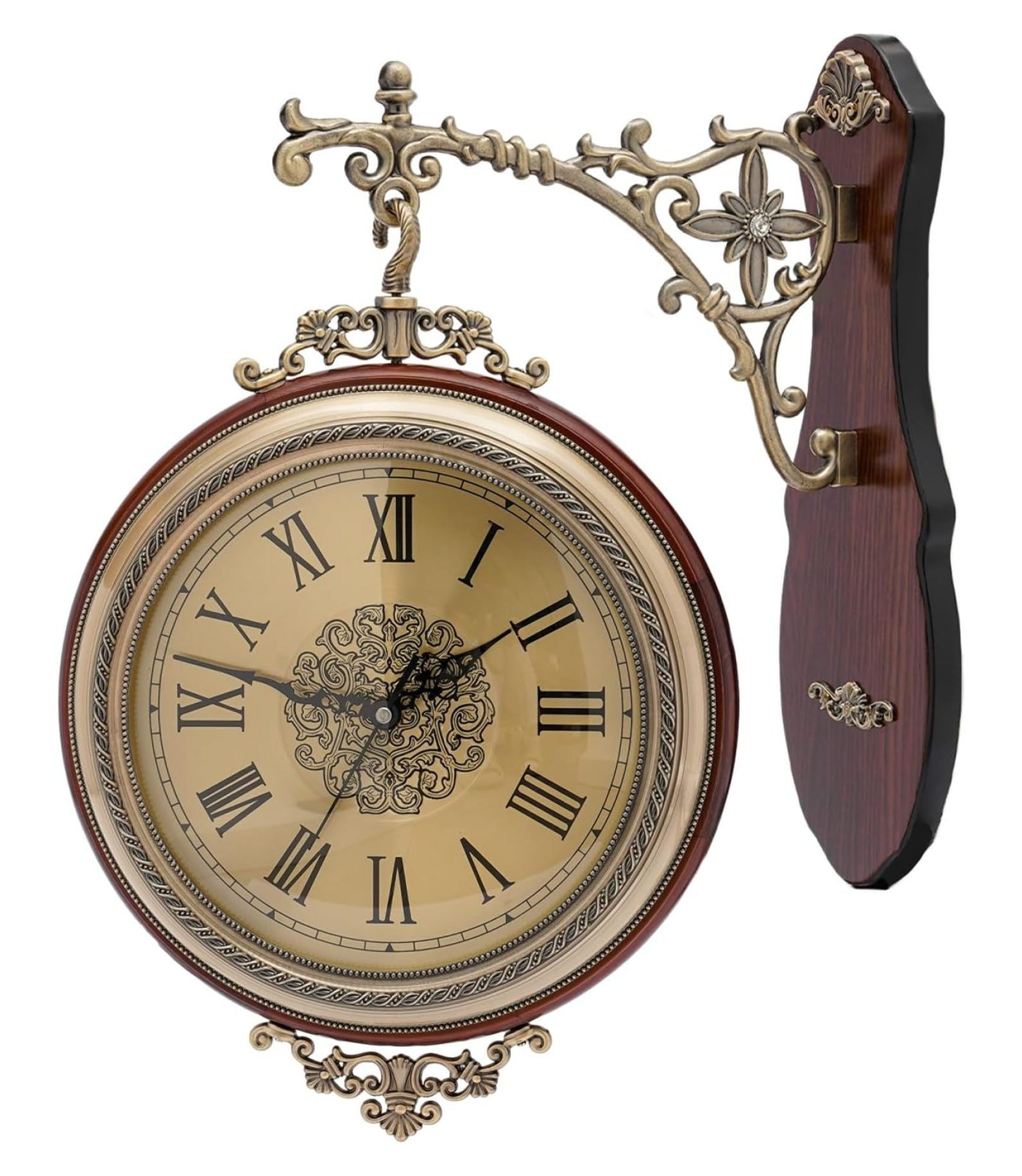 Double-Sided Wall Clock 12In Hanging Wall Clock Brown Alloy Metal Round ...