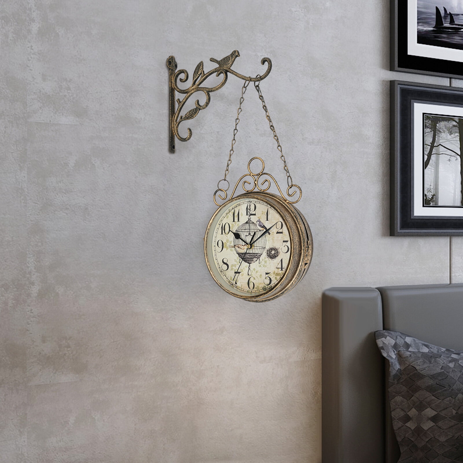Double-Sided Wall Clock, Bronze Vintage Design with Silent Movement, 17 ...