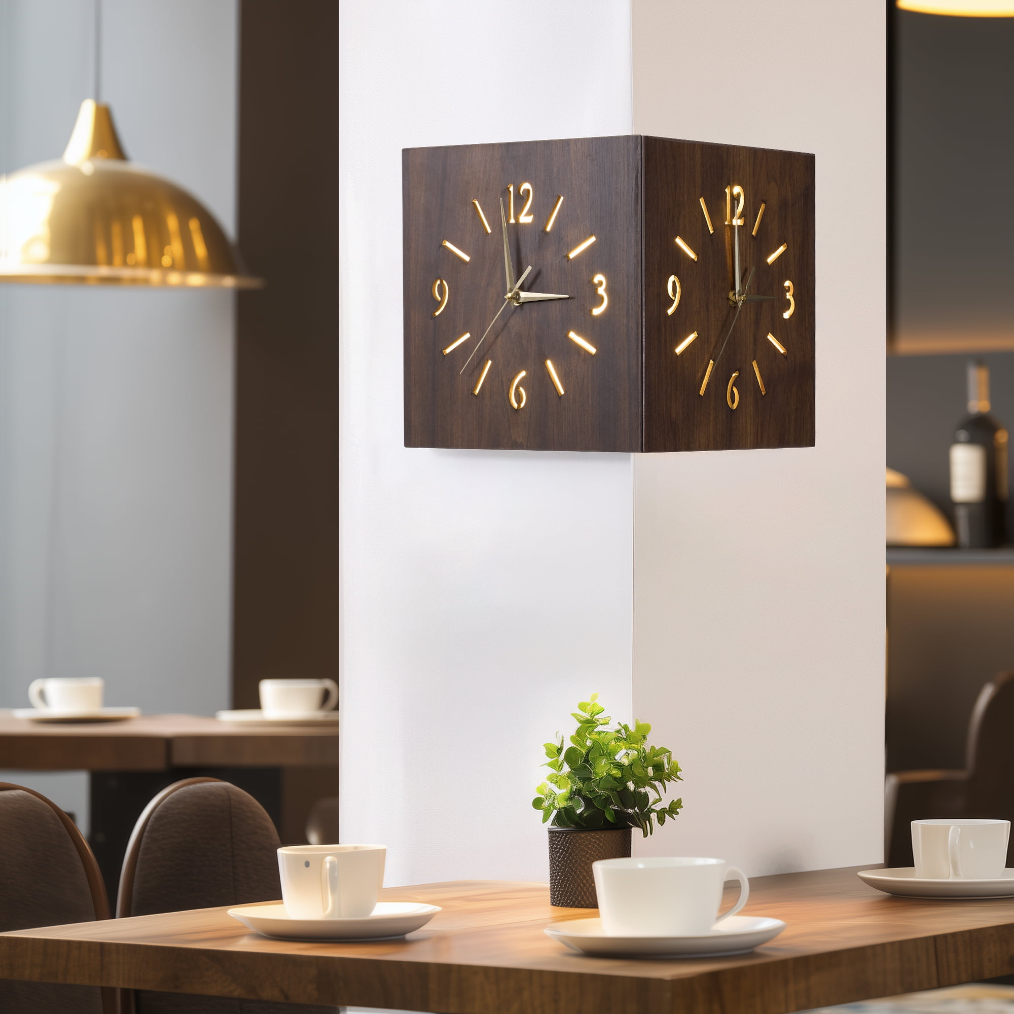 Double Sided Wall Clock for Corners, Modern Wood Design with Backlit ...