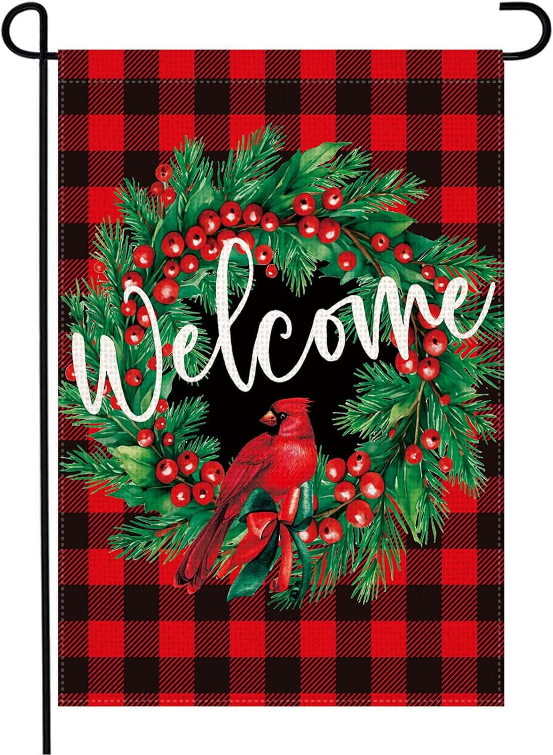 Double Sided Welcome Christmas Flag 12x18 Inch Burlap Buffalo Plaid Red ...