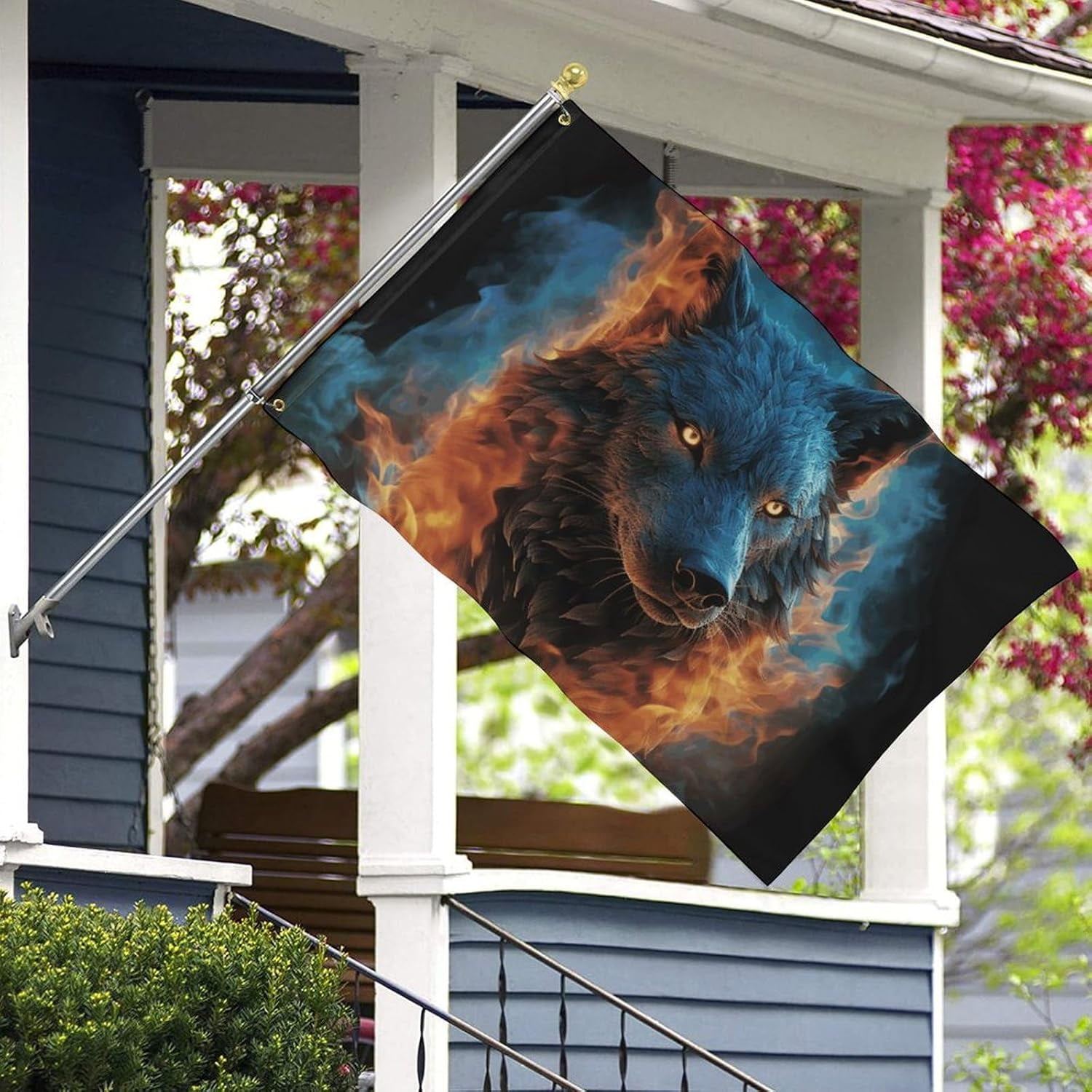 Double Sided Wolf Head in Blue Flames Garden Yard Flags in Greeting ...