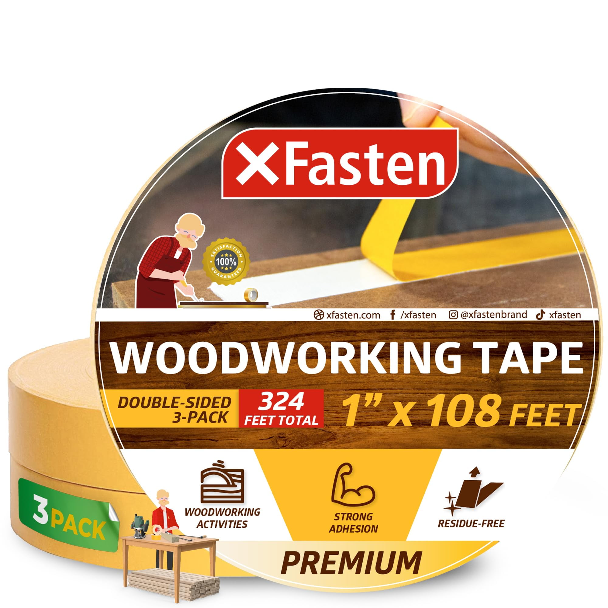 Double Sided Woodworking Tape 1x108 Feet 3-Pack, Residue-Free Cloth ...