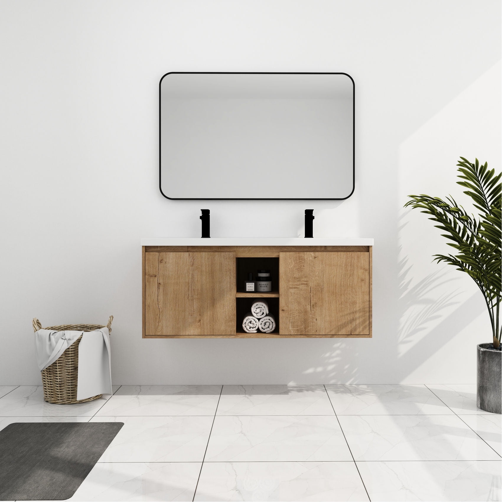 Double Sink Wall Mounted Vanity with Modern Design, Open Storage ...