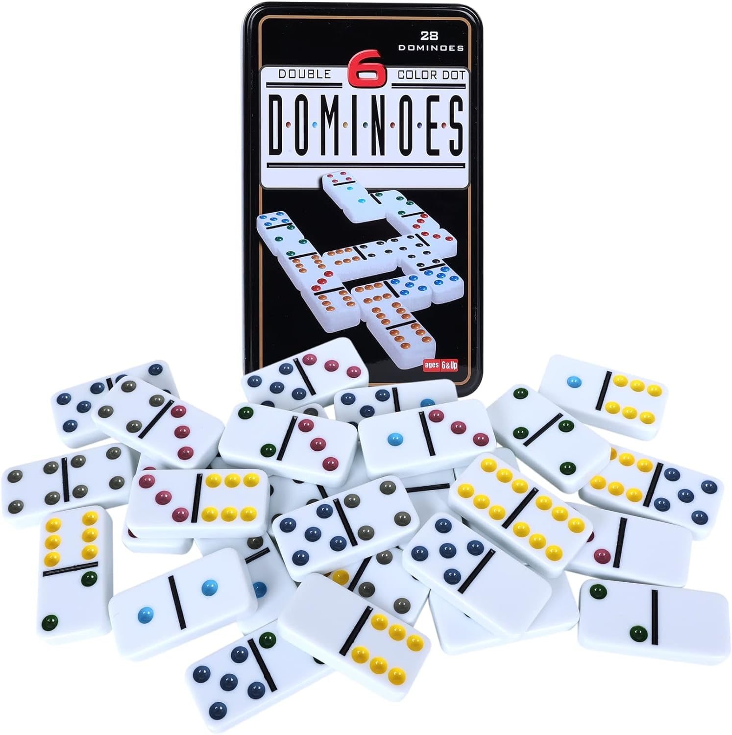 Double Six Dominoes, 28 Tile Colored Dots Domino Game Set with Tin Box ...