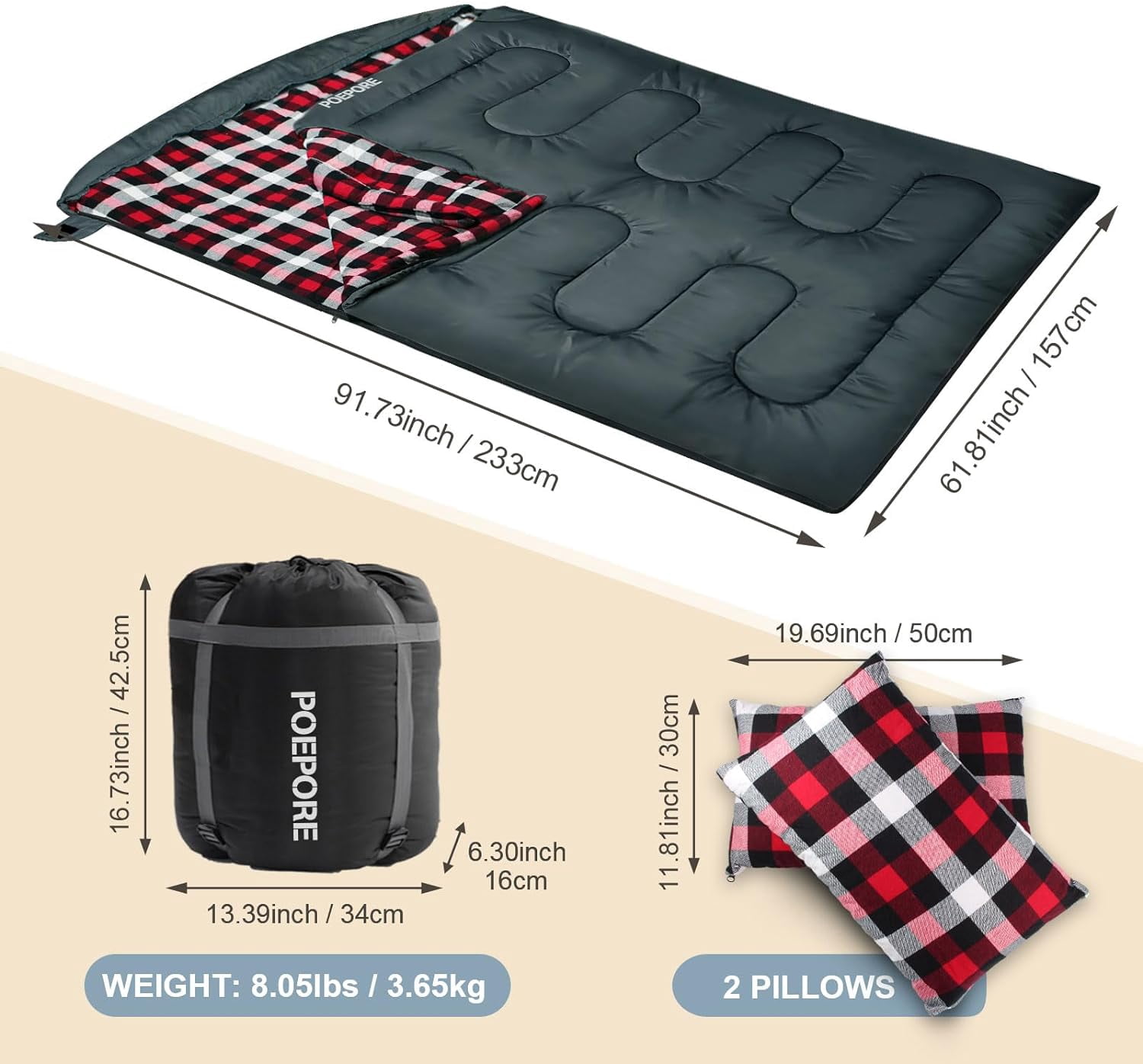 Double Sleeping Bag Flannel for Adults with 2 Pillows 2 Person Sleeping ...