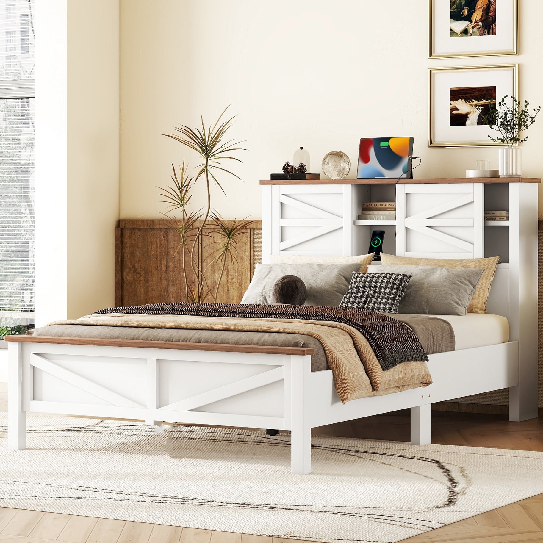 Double Sliding Barn Door Platform Bed With Charging Function And Wood ...