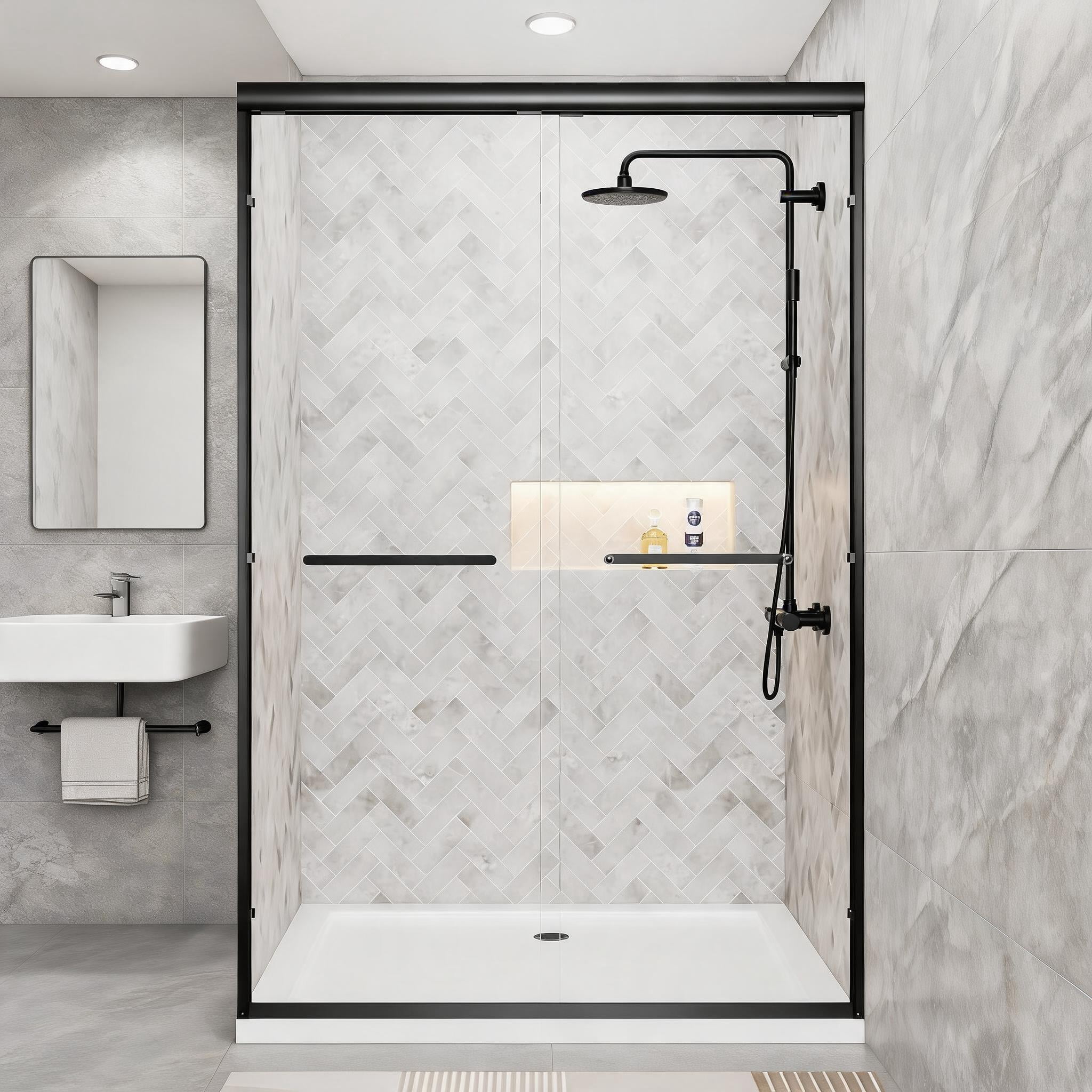 Double Sliding Shower Door Adjustable Fit Matte Black Aluminum Clear ...