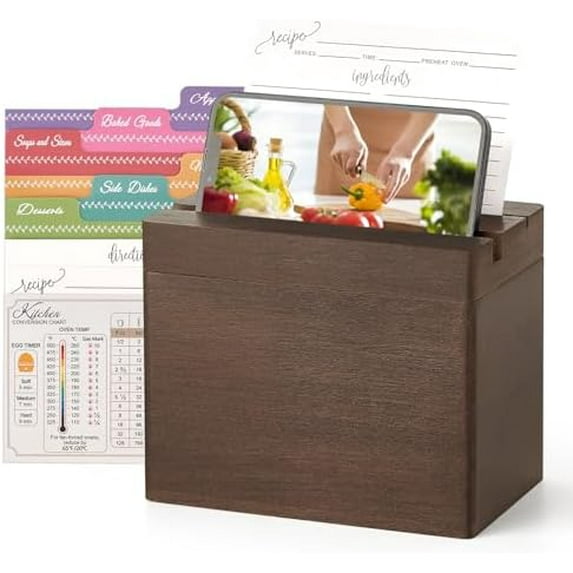 Double Slots Recipe Box Wooden Recipe Organizer with 100 Recipe Cards ...
