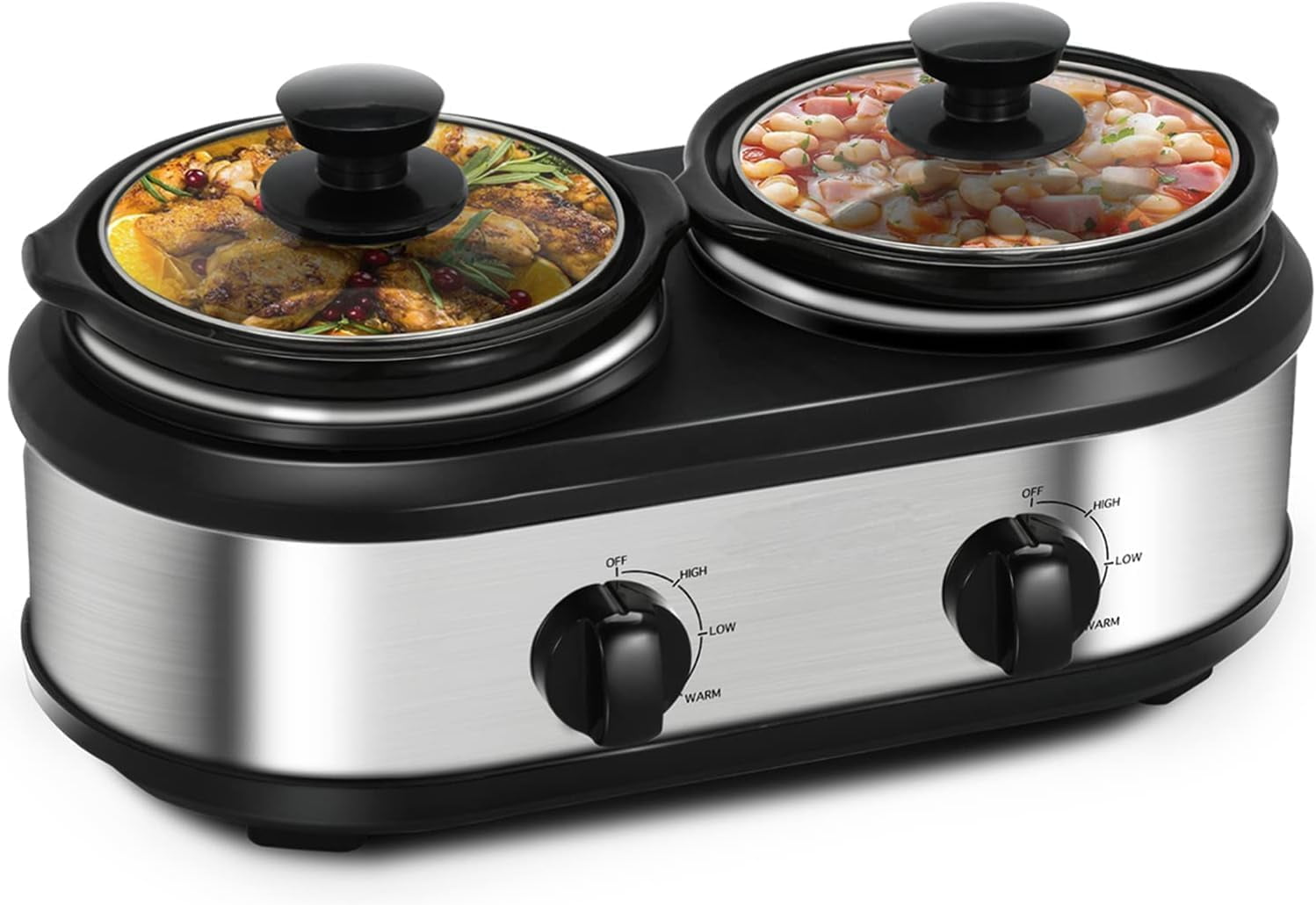 Double Slow Cooker, 2 X 1.25QT Dual Slow Cooker, 3 Cooking Settings ...