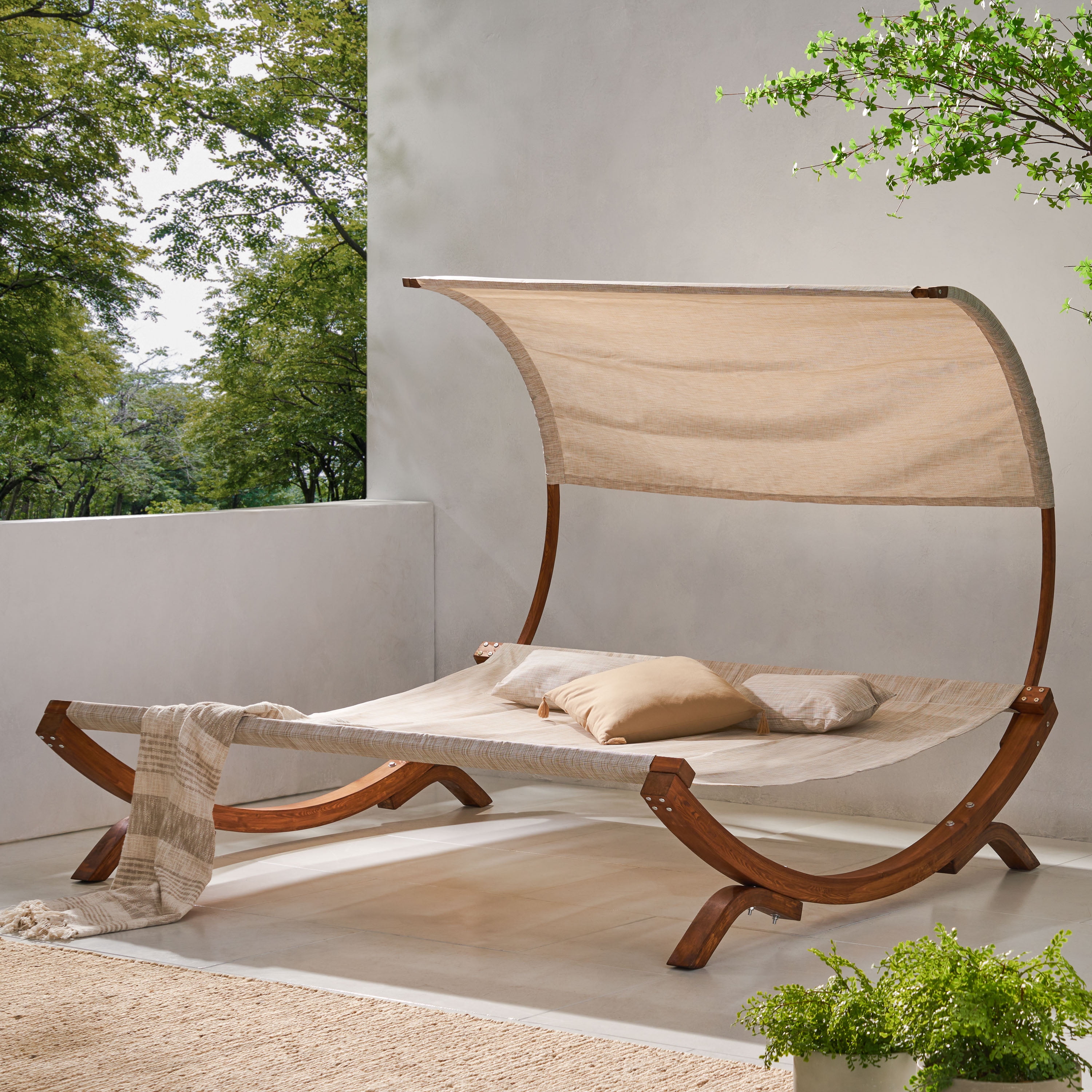 Double Sunbed with Canopy, Wood Yard Daybed with Shade, Outdoor chaise ...