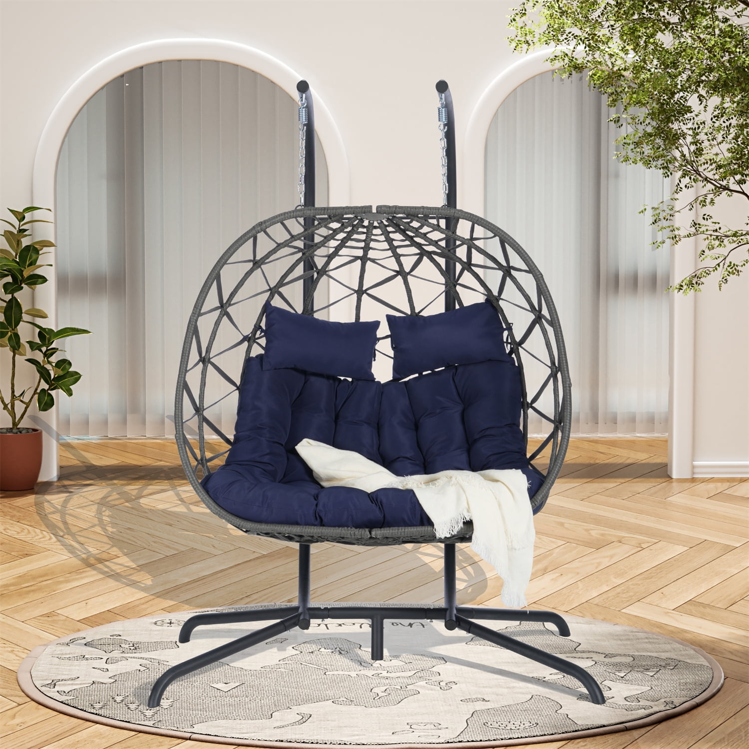 Double Swing Egg Chair, 2 Person Basket Hanging Chair with Stand and ...