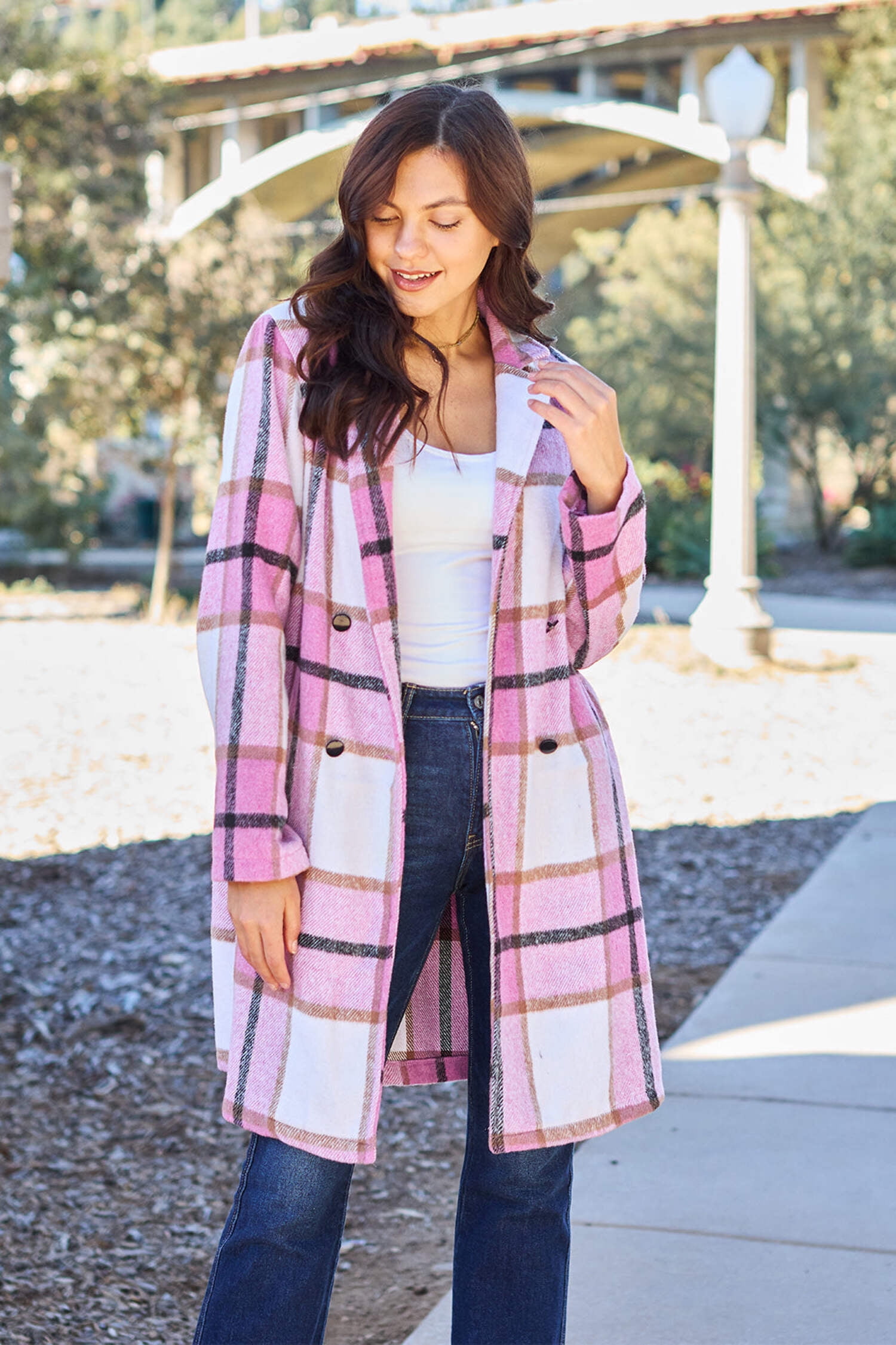 Double Take Full Size Plaid Button Up Lapel Collar Coat - Walmart.com