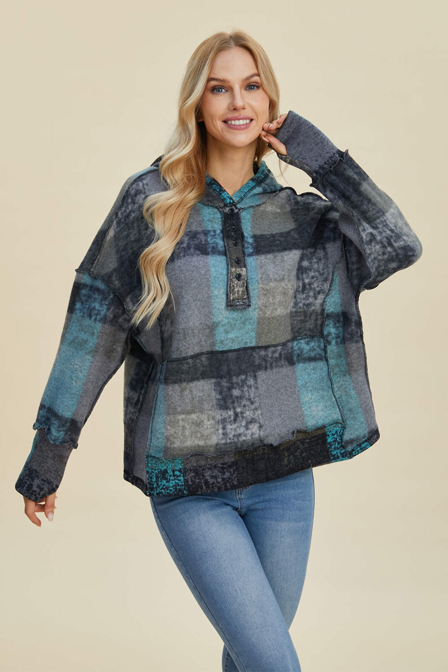 Double Take Full Size Plaid Dropped Shoulder Fleece Hoodie - Walmart.com
