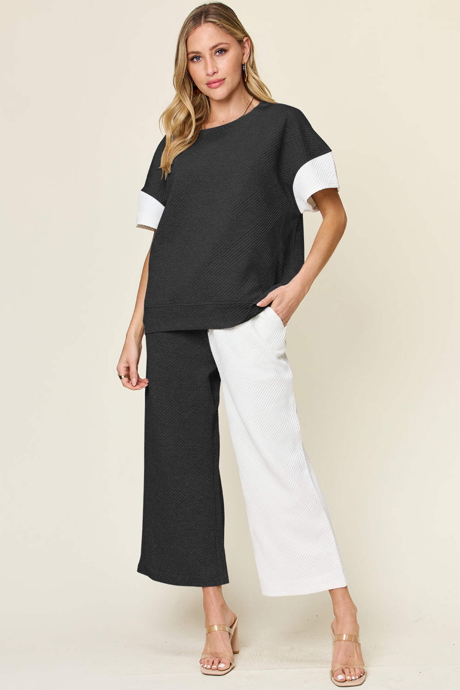 Double Take Full Size Texture Contrast T-Shirt and Wide Leg Pants Set ...