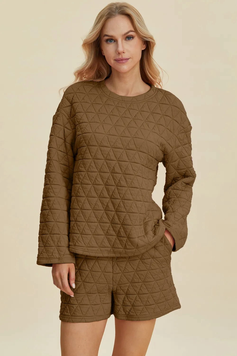 Double Take Full Size Texture Round Neck Long Sleeve Top and Shorts Set ...