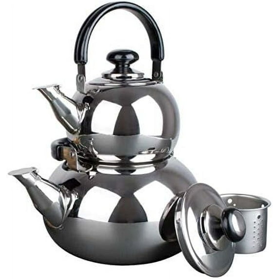 Double Tea Kettle Stainless Steel Teapot 2-Pc Set 3-Ltr + .8-Ltr Pot ...