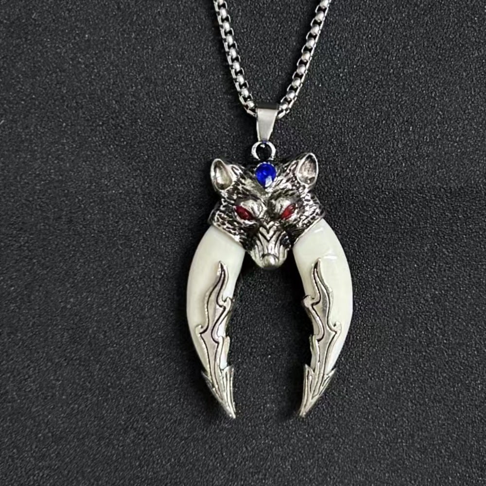 Double Teeth Silver Wolf Talisman Pendant Necklace Gift Antique ...