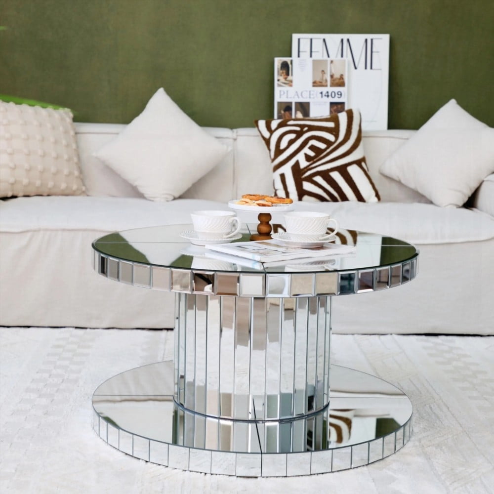 Double-Tier Fluted Glass Round Mirror Coffee Table - 31.5" Dia, Modern ...
