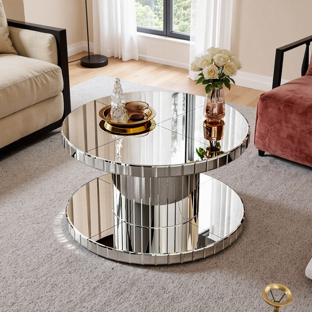 Double-Tier Modern Round Mirror Coffee Table with Fluted Glass - 31.5 ...