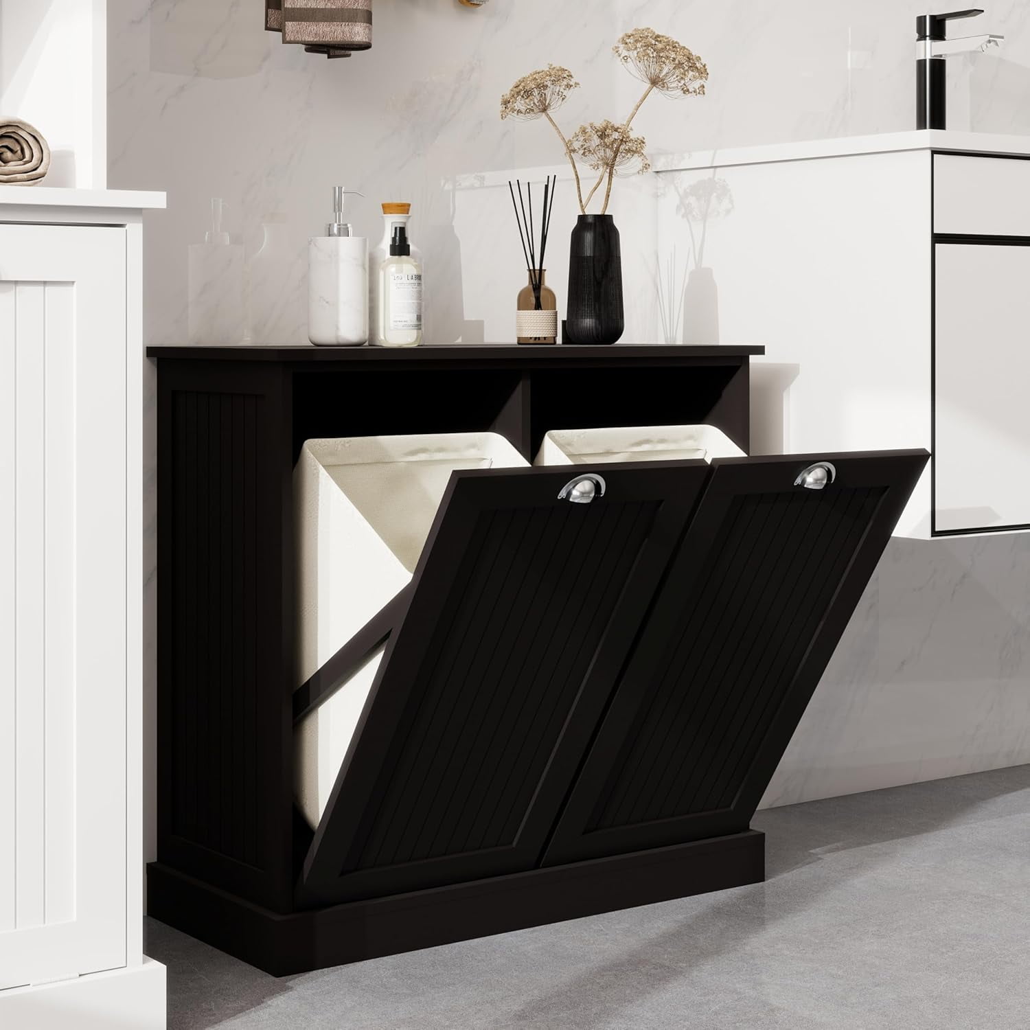 Double Tilt Out Laundry Hamper Cabinet, with Removable Laundry Basket ...