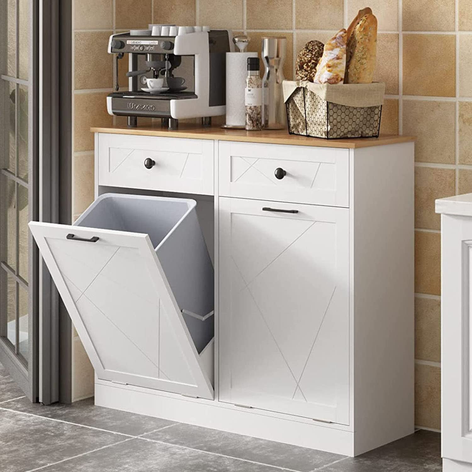 Double Tilt Out Trash Bin Holder - Walnut White Wooden Hidden Kitchen ...