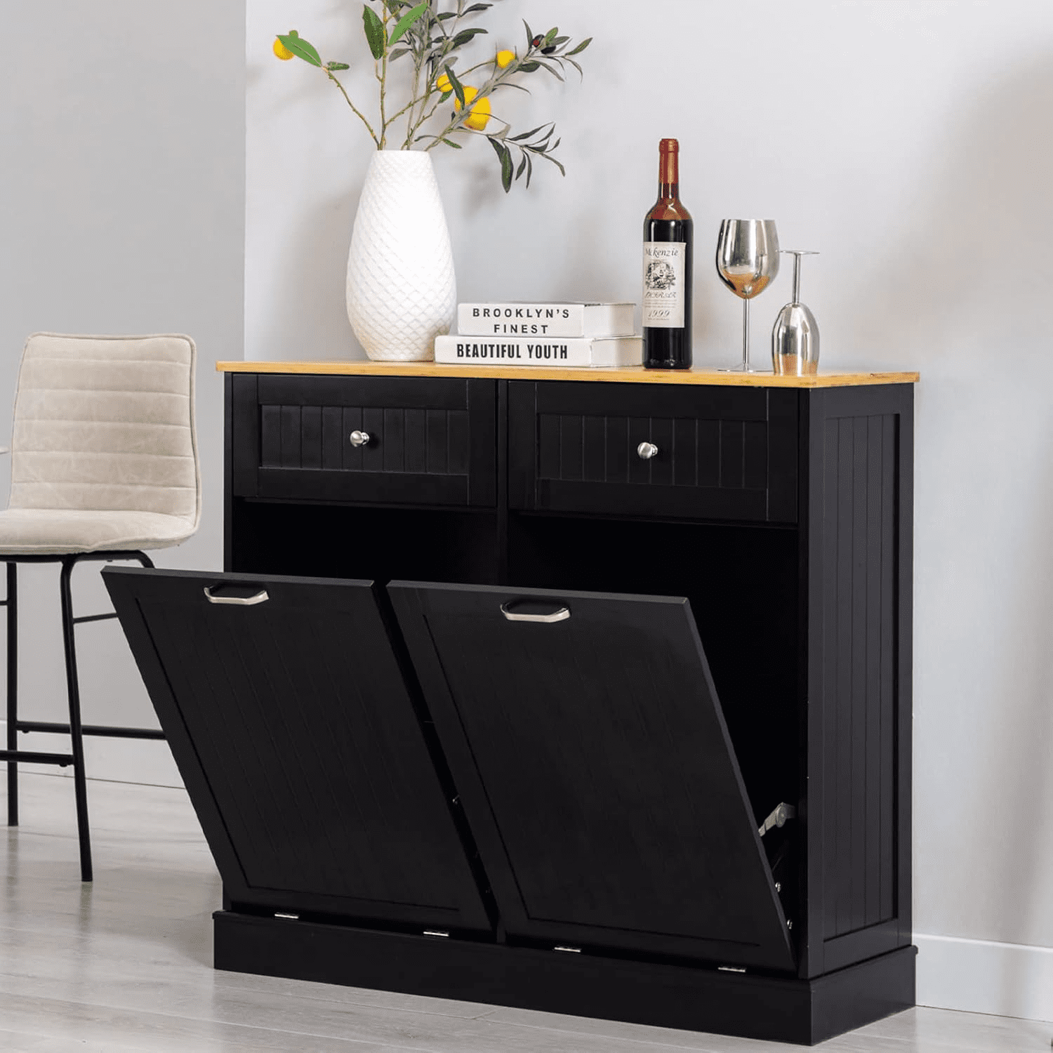 Double Tilt Out Trash Cabinet 20 Gallon Freestanding Wooden Kitchen ...