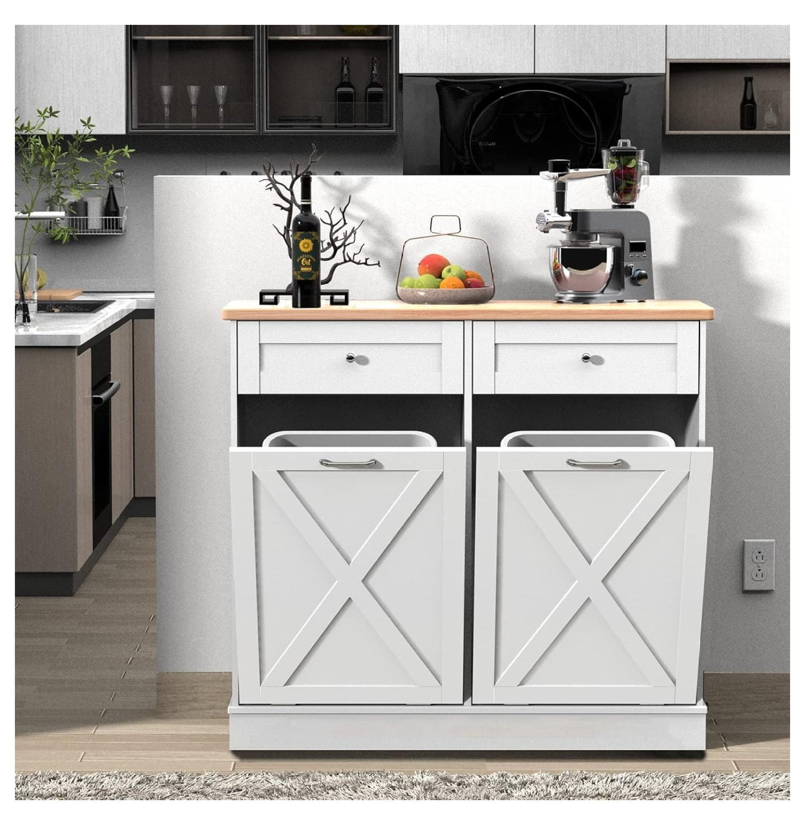 Double Tilt Out Trash Cabinet Can Bin Kitchen 20 Gallon Wooden Standing ...