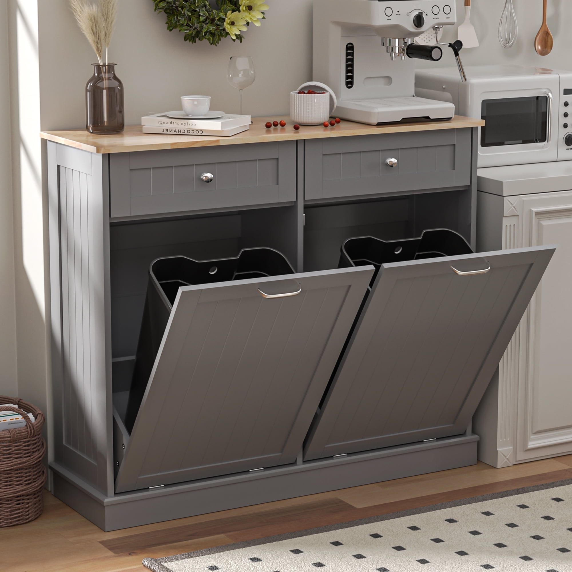HARIPUL Double Tilt Out Trash Cabinet, 26 Gallon Trash Can Cabinet with ...