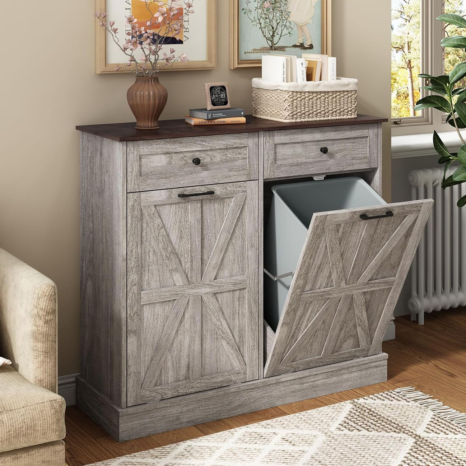 Double Tilt Out Trash Cabinet With 2 Drawers, Hidden Kitchen Bin for 10 ...