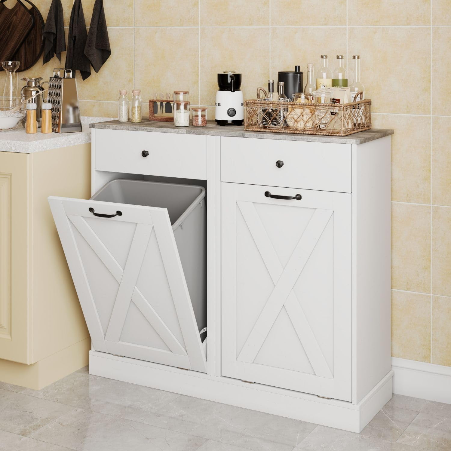 Double Tilt Out Trash Cabinet, 20 Gallon Wood Free Standing Laundry ...