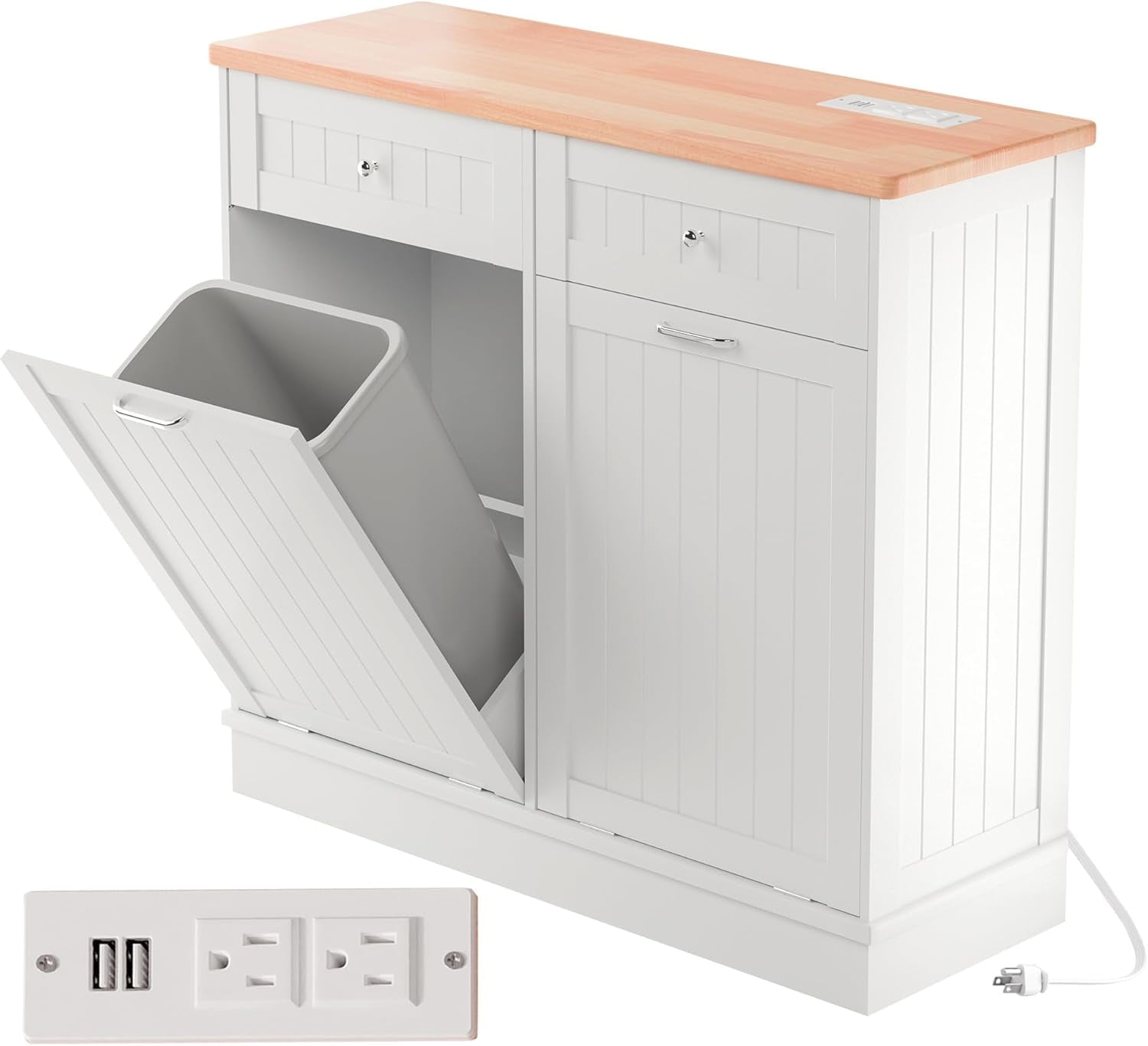 Double Tilt Out Trash Cabinet with Power Outlet, 10 Gallon Trash ...
