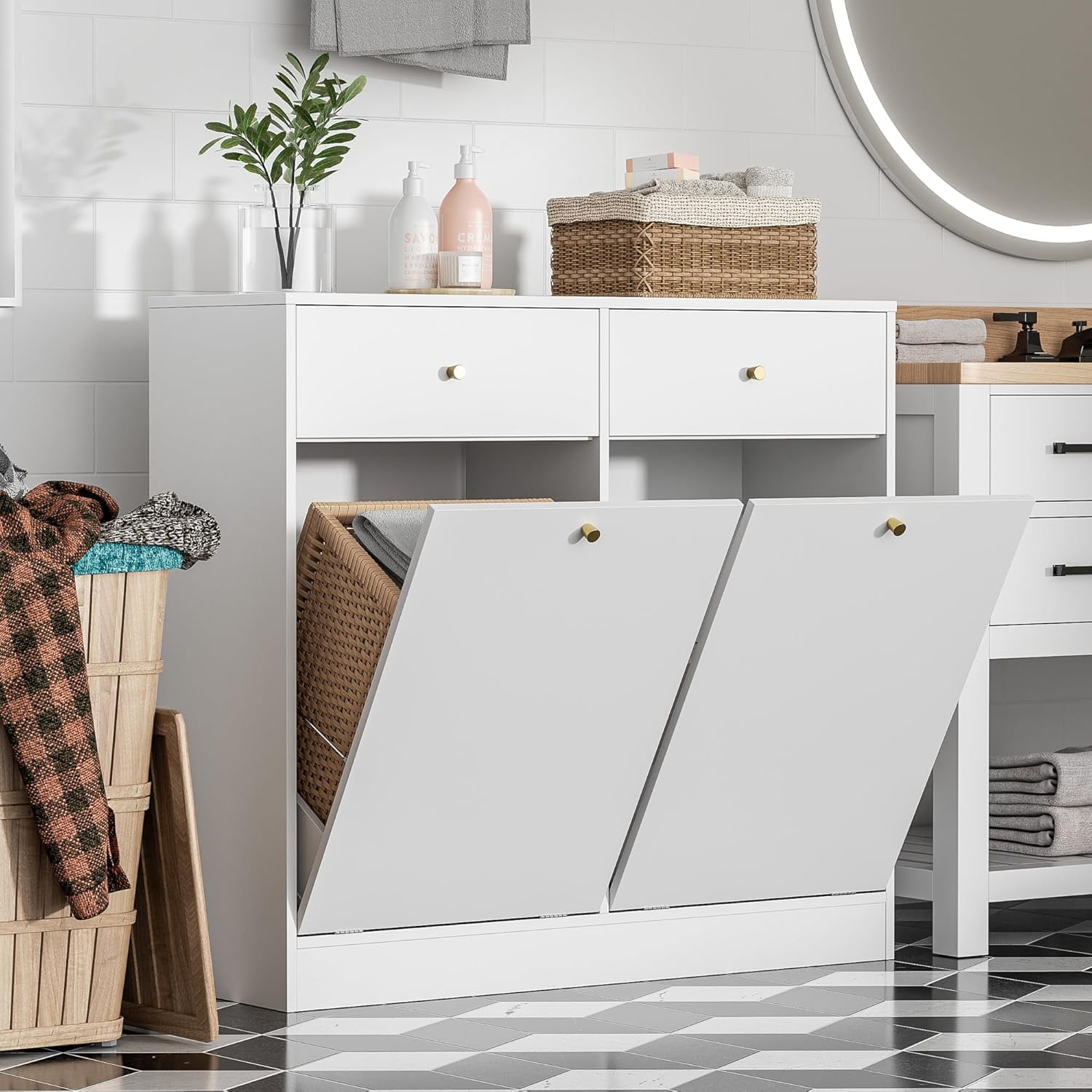 Double Tilt Out Trash Can Cabinet with 2 Drawers, Trash Storage Cabinet ...