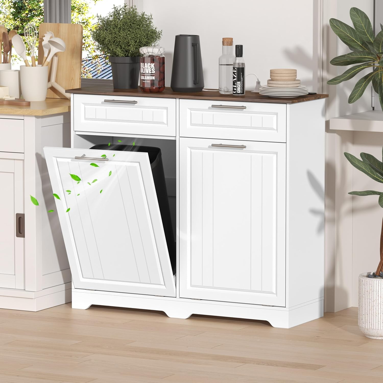 Double Tilt Out Trash Can Cabinet with Deodorizing Function & Charging ...
