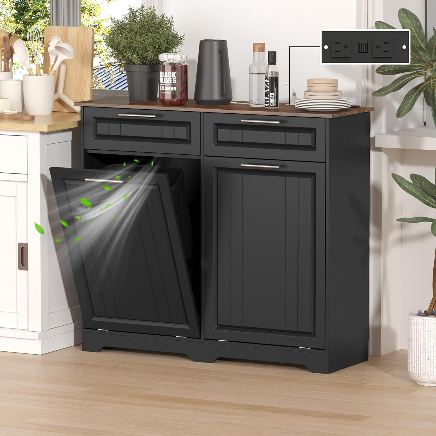 Double Tilt Out Trash Can Cabinet with Deodorizing Function & Charging ...