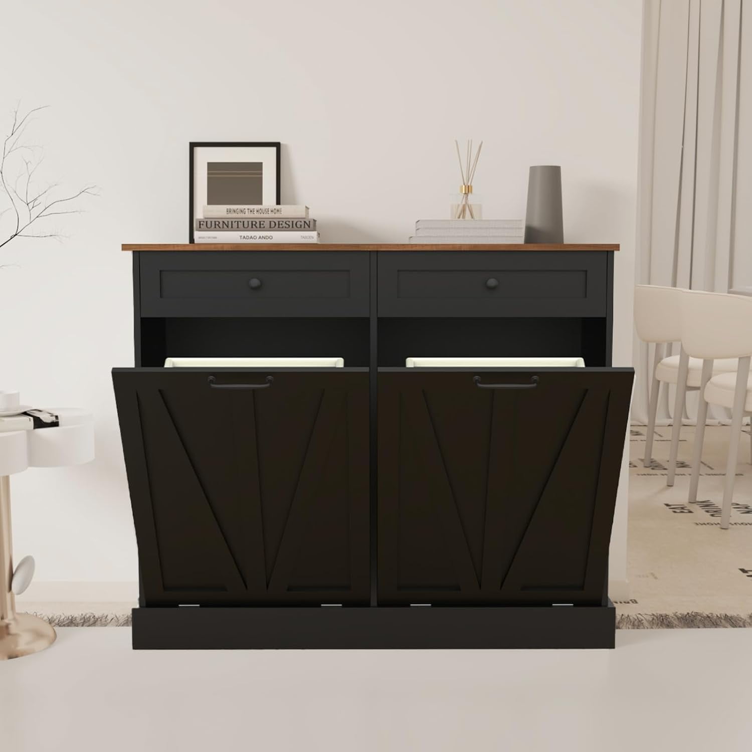 Double Tilt Out Trash Can Cabinet, Dog Proof Hidden Kitchen Garbage Can ...