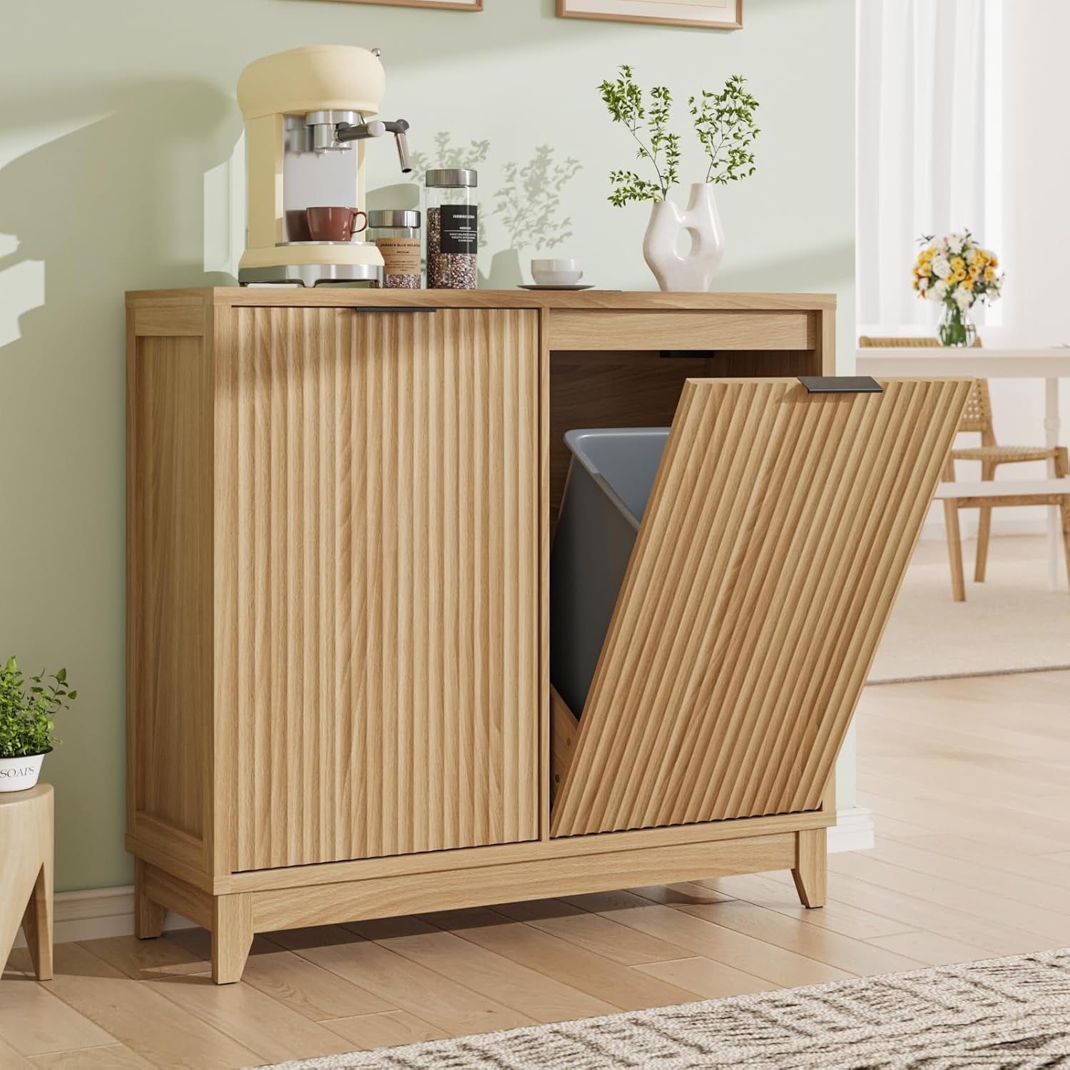 Double Tilt Out Trash Can Cabinet with Odor Control, Outlets, Fluted ...