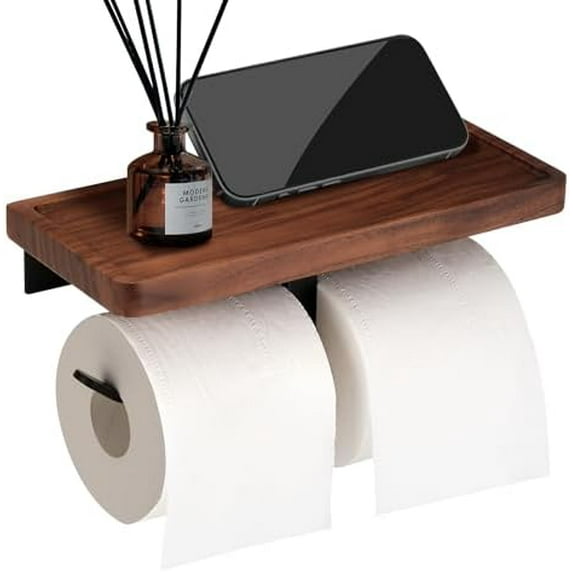 Double Toilet Paper Holder with Walnut Wood Shelf - Wall Mount & Self ...