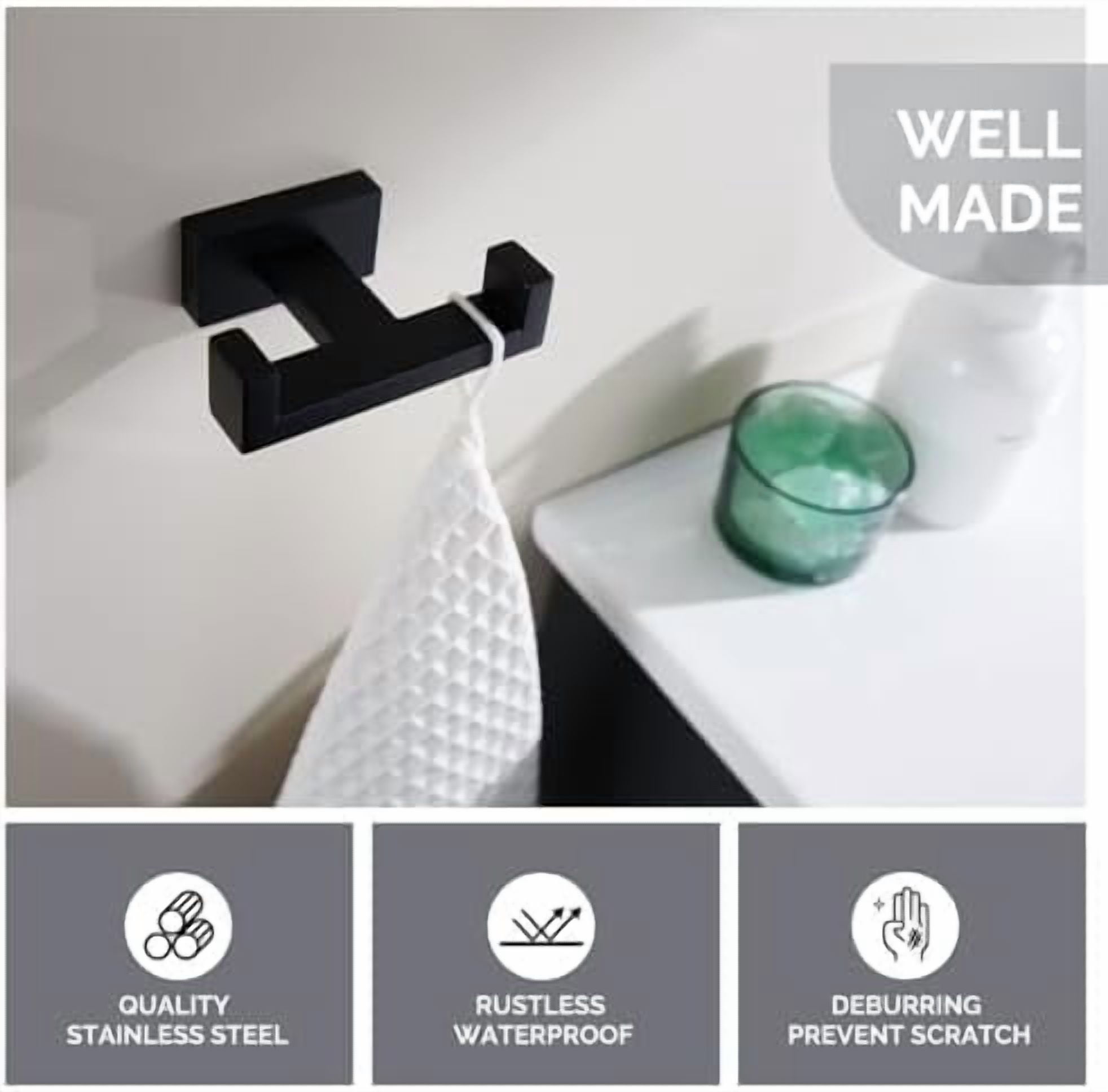 Double Towel Hook Matte Black, Stainless Steel Bathroom Towel Holder ...