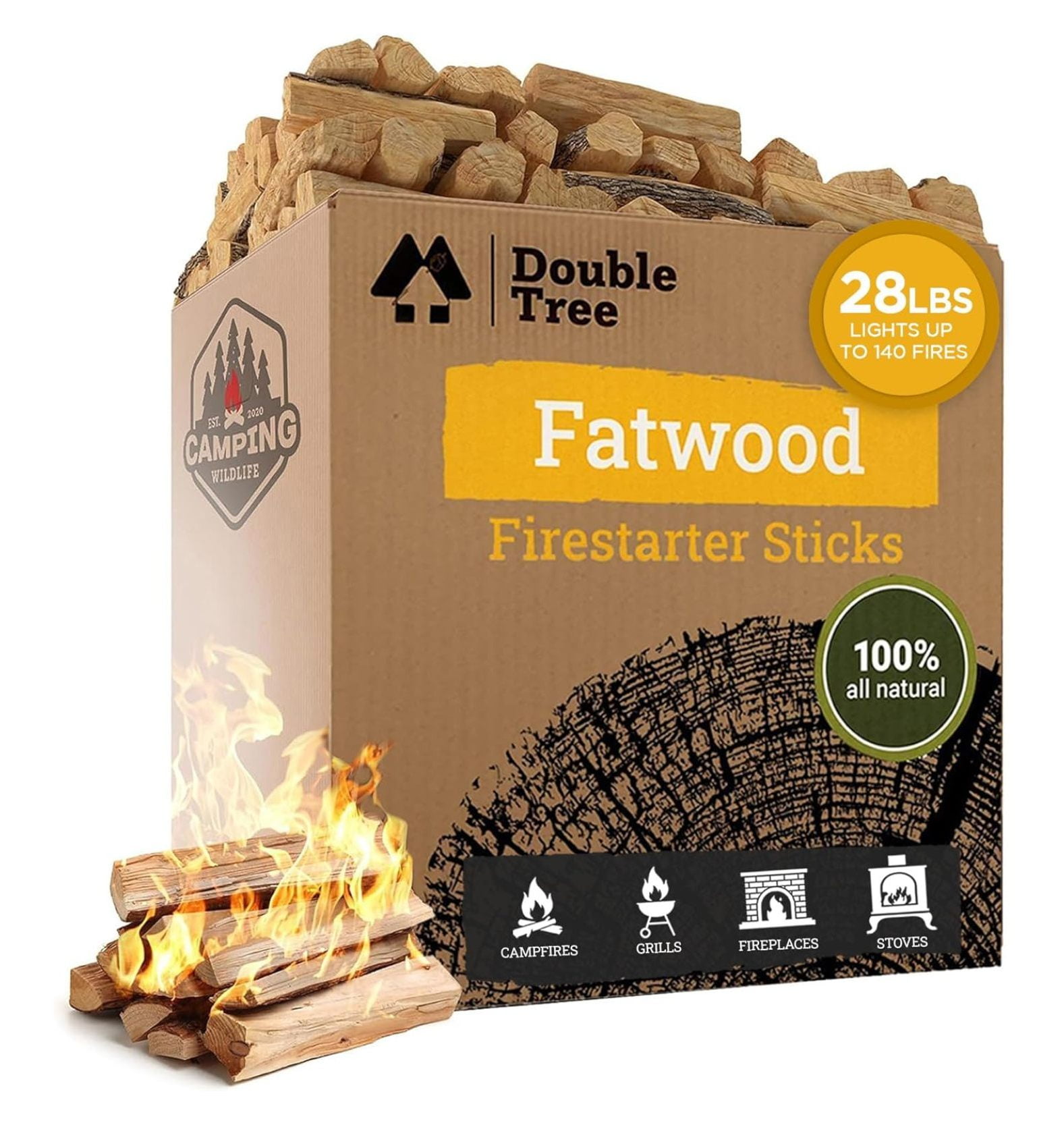 Double Tree Fatwood Fire Starter Sticks - Premium Organic Resin Rich, Non Toxic Fire Kindling ...